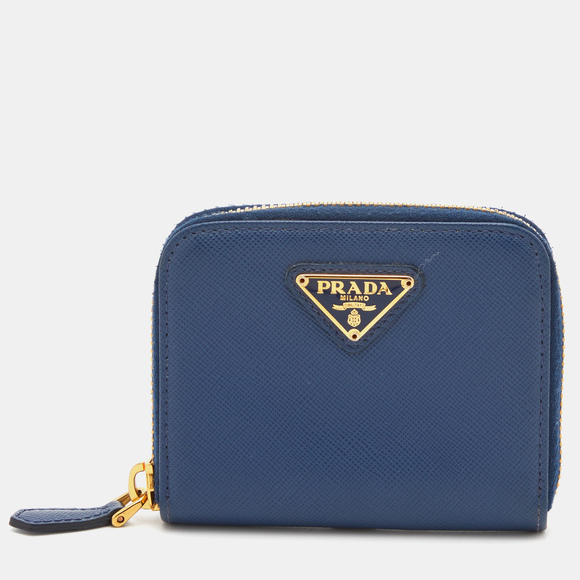 Prada | Bags | Prada Blue Saffiano Leather Zip Around Compact Wallet ...